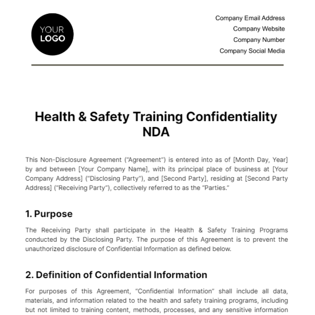 Health & Safety Training Confidentiality NDA Template - Edit Online ...