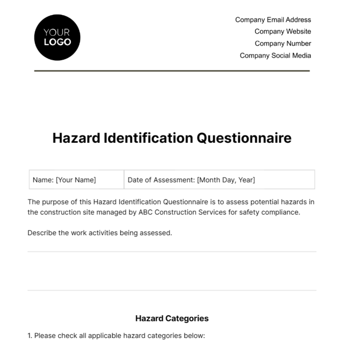 Hazard Identification Questionnaire Template - Edit Online & Download ...