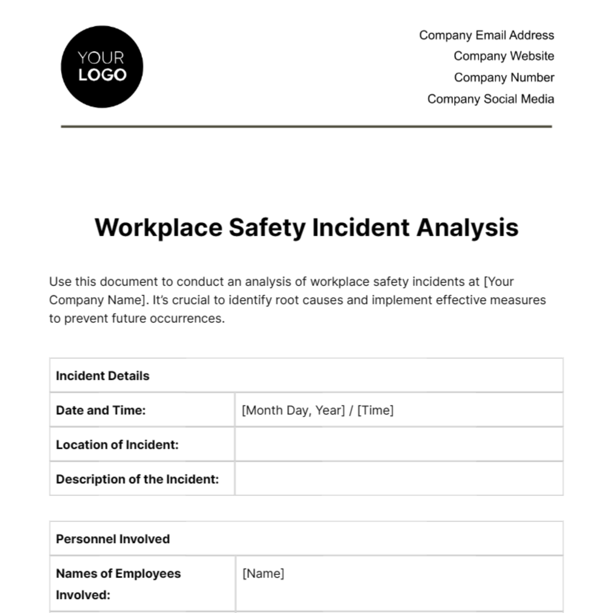 Workplace Safety Incident Analysis Template - Edit Online & Download ...