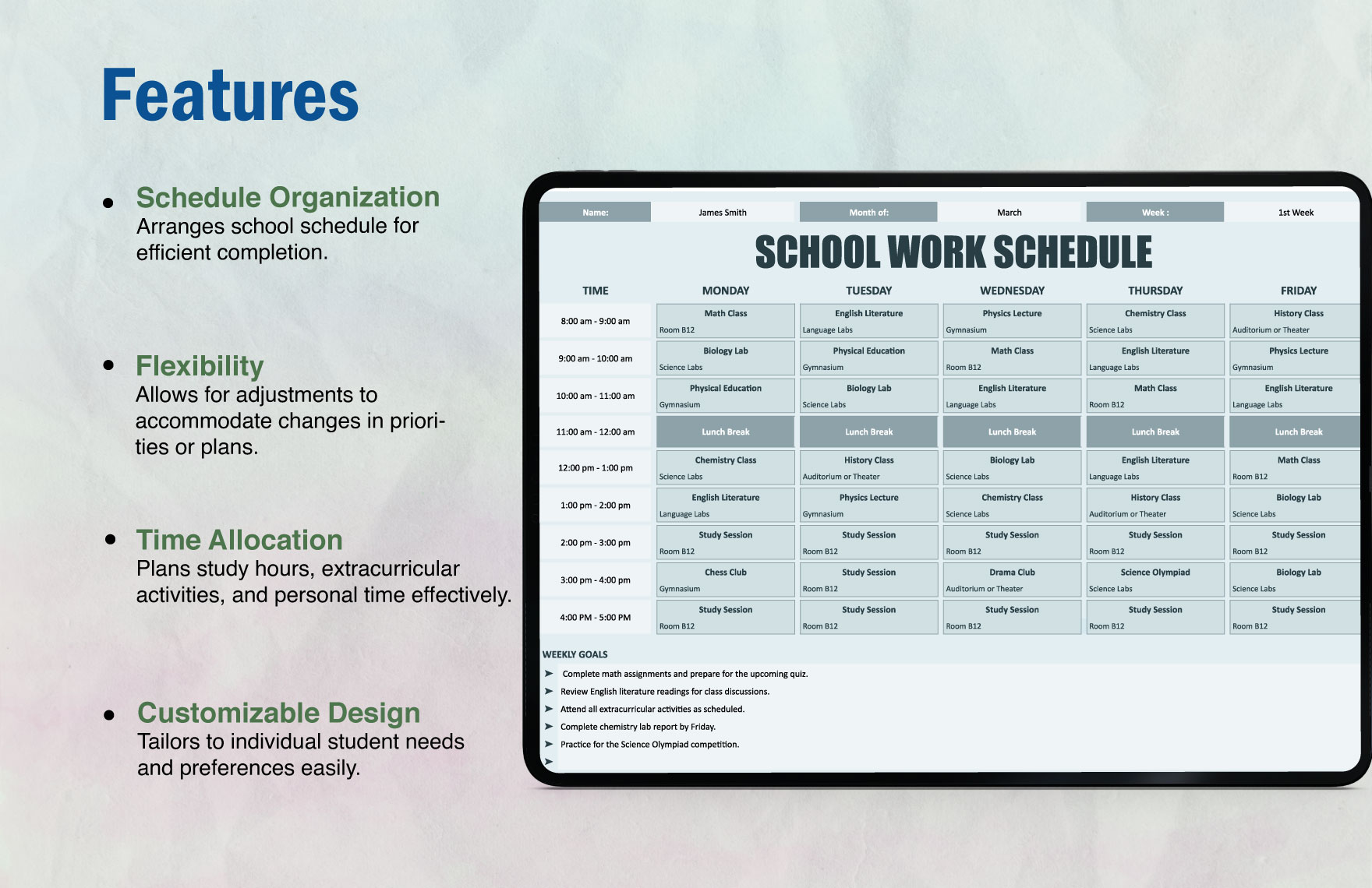 School Work Schedule Template in Excel, Google Sheets - Download ...