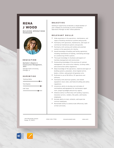 Free Building Operations Manager Resume - Word, Apple Pages | Template.net
