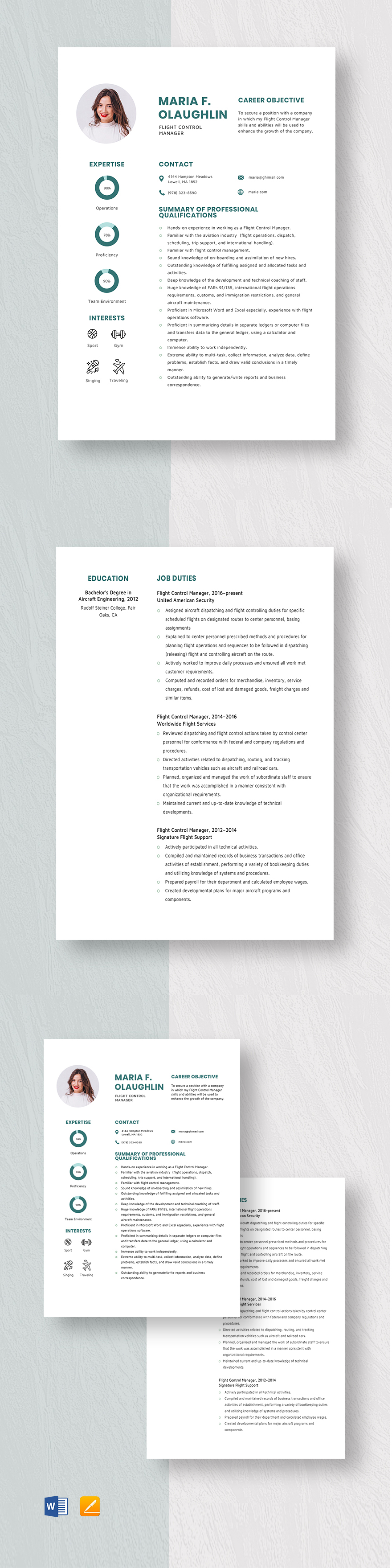 Free Flight Control Manager Resume Template - Word, Apple Pages ...