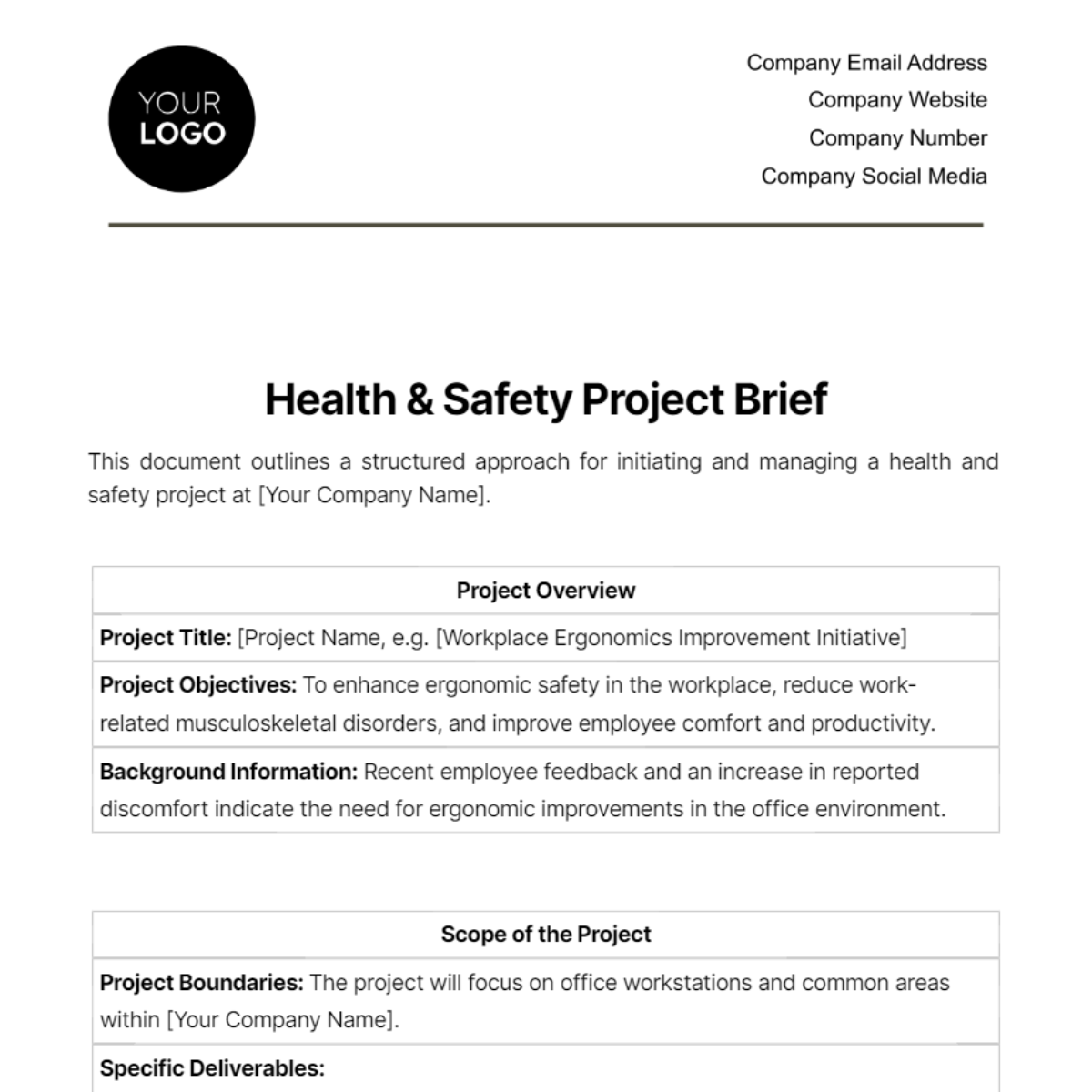 Health & Safety Project Brief Template - Edit Online & Download Example ...