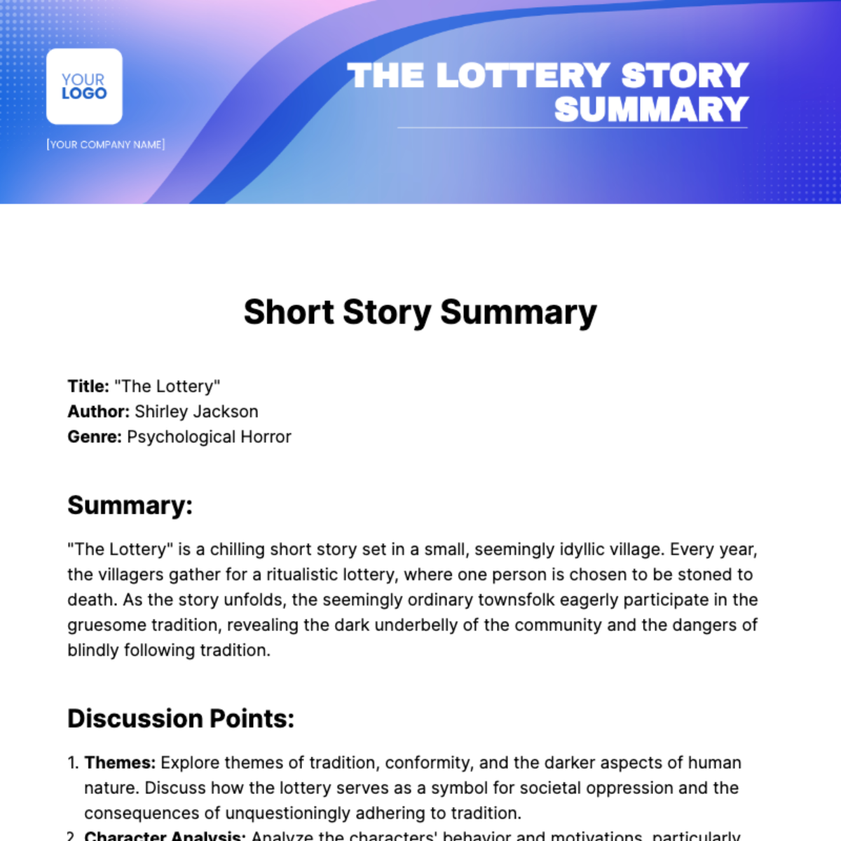 Short Story Summary Template - Edit Online & Download Example ...