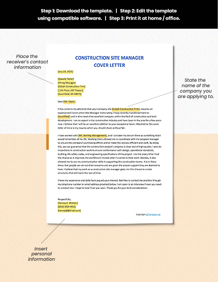 Construction Site Manager Cover Letter Template Google Docs Word Apple Pages Template