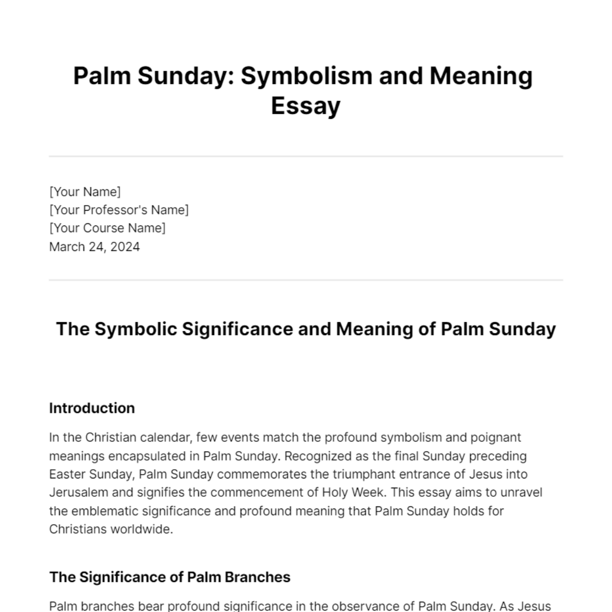Palm Sunday: Symbolism and Meaning Essay Template - Edit Online ...