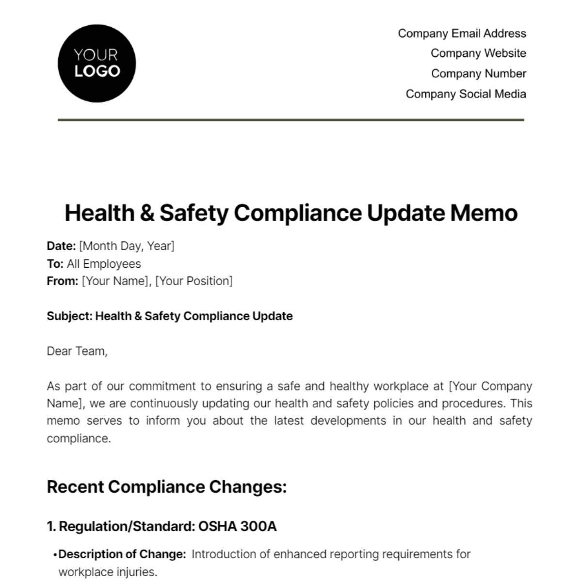 Health & Safety Compliance Update Memo Template - Edit Online & Download Example | Template.net