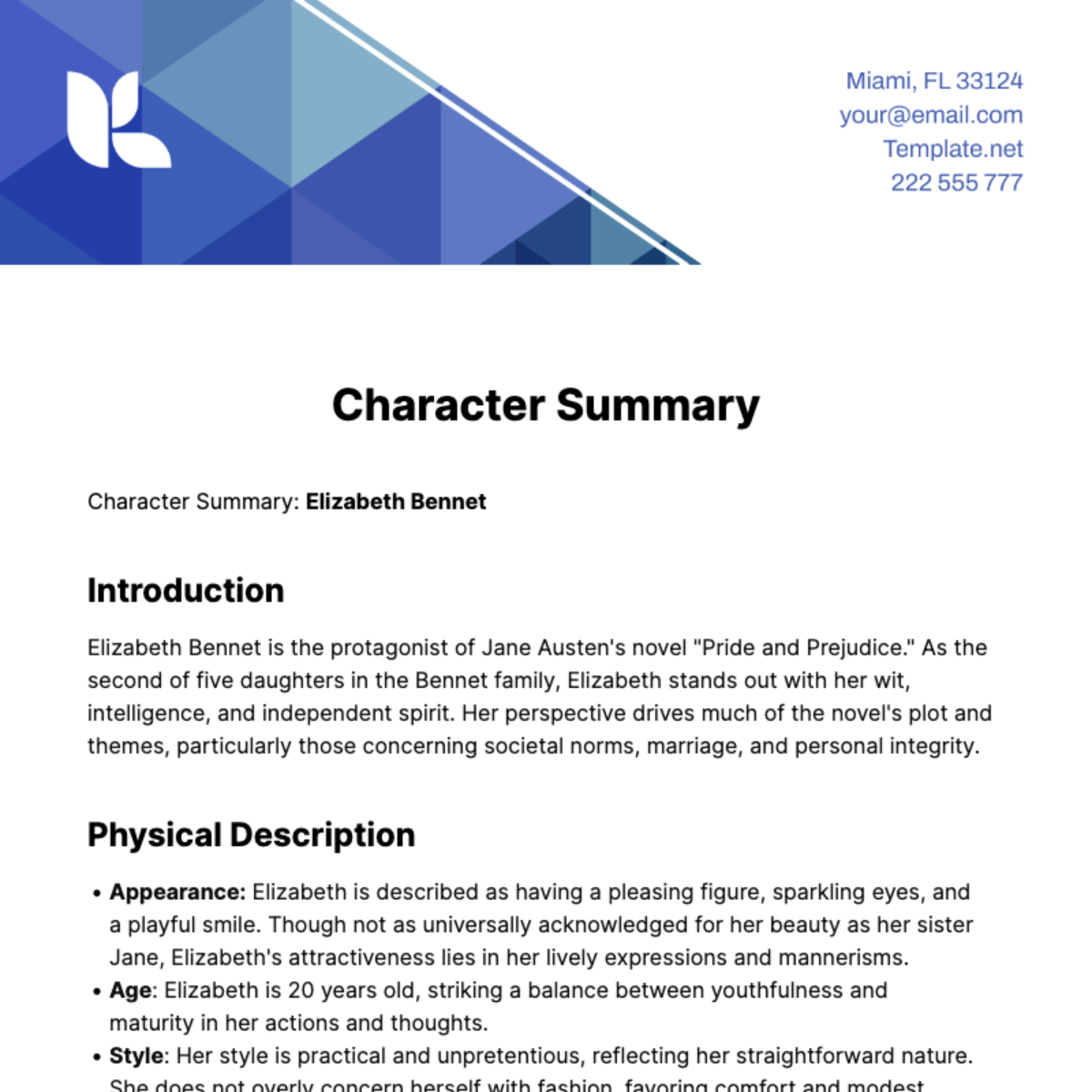 Free Character Summary Template To Edit Online