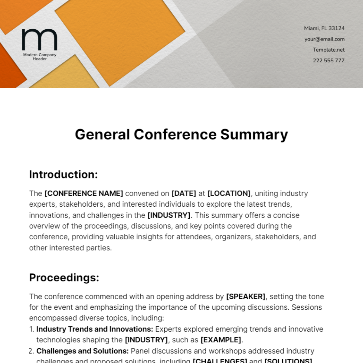 Free General Conference Summary Template To Edit Online