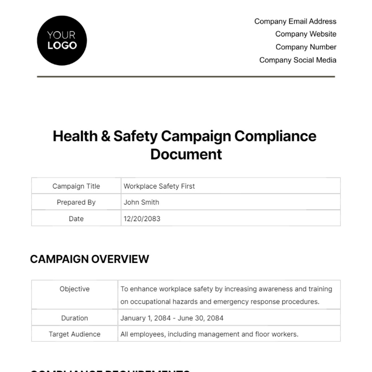 Health & Safety Campaign Compliance Document Template - Edit Online ...