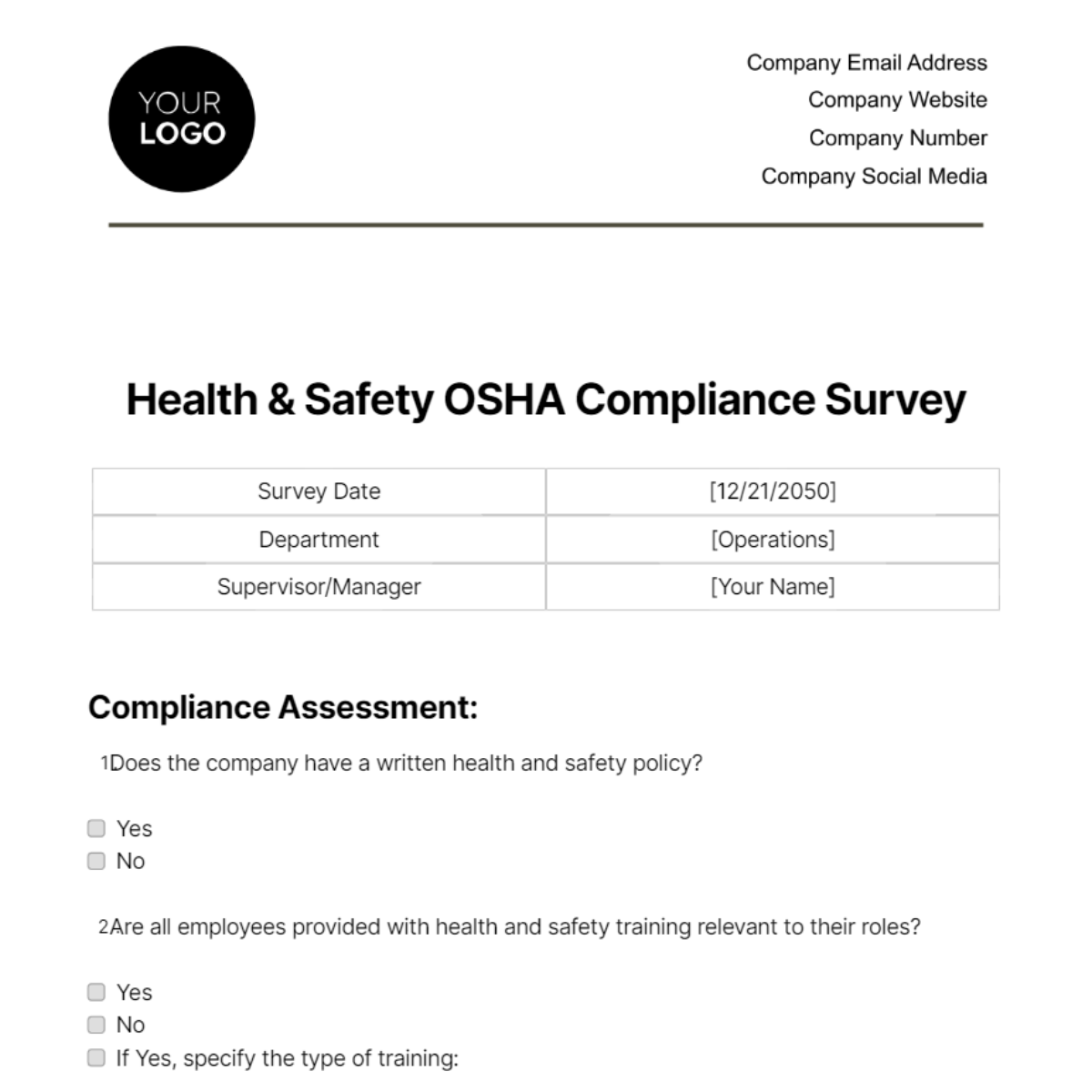 Health & Safety OSHA Compliance Survey Template - Edit Online ...