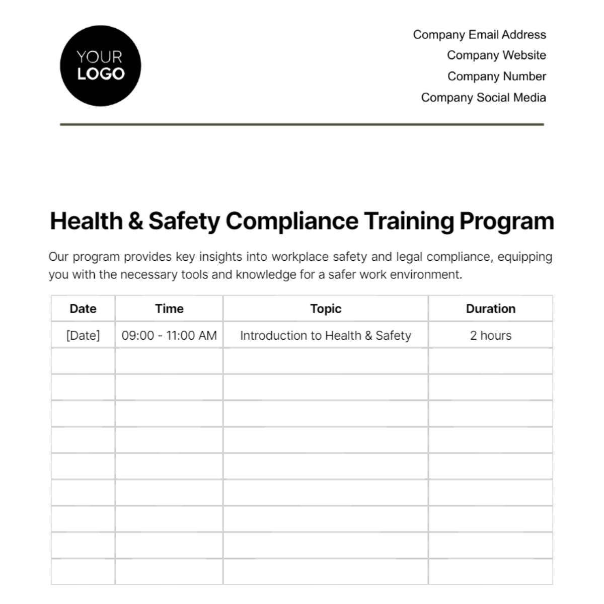 Health & Safety Compliance Training Program Template - Edit Online ...