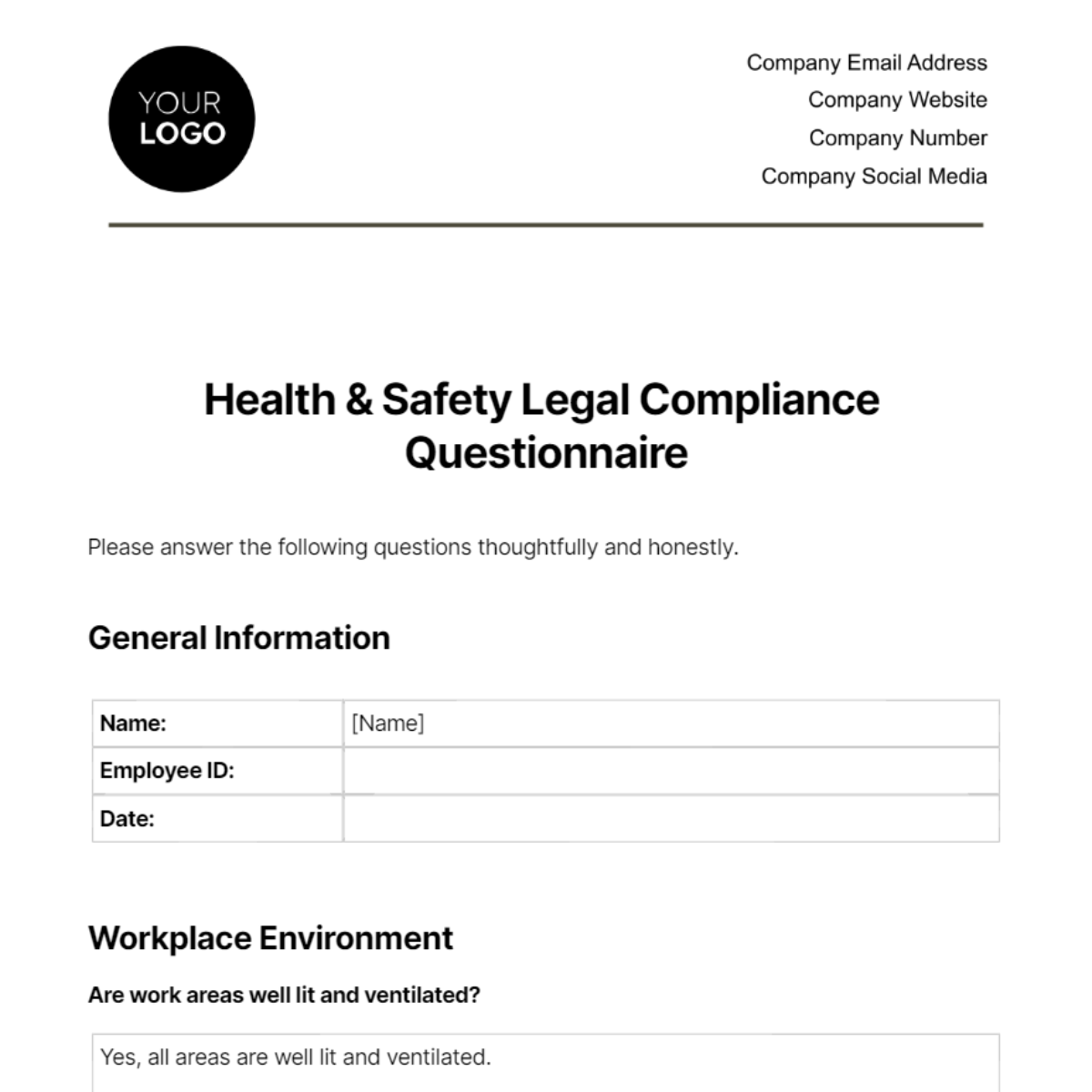 Health & Safety Legal Compliance Questionnaire Template - Edit Online ...