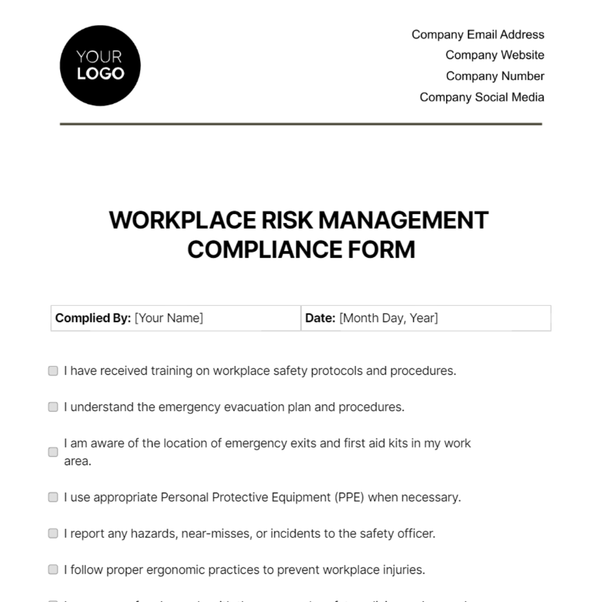 Workplace Risk Management Compliance Form Template - Edit Online ...