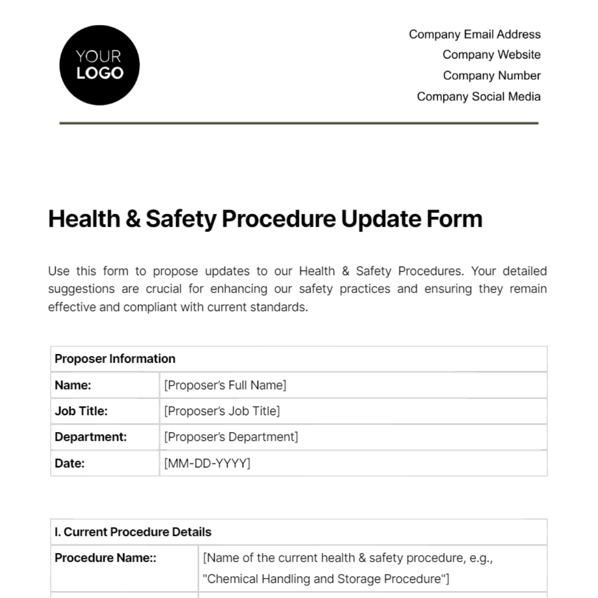 Health & Safety Procedure Update Form Template - Edit Online & Download ...