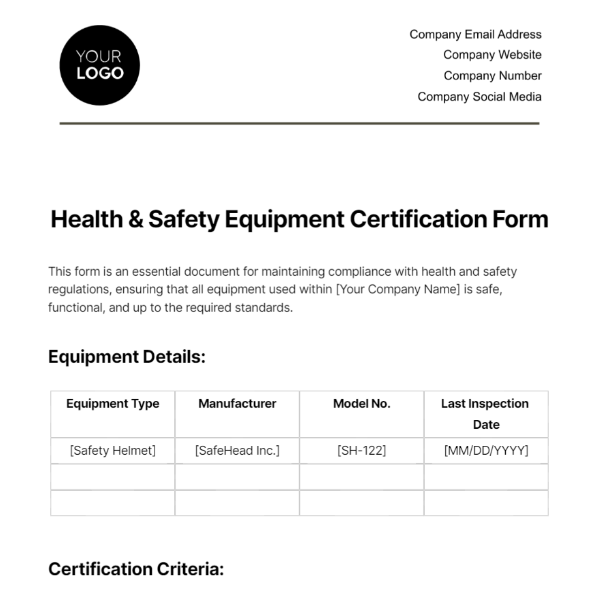 Health & Safety Equipment Certification Form Template - Edit Online ...