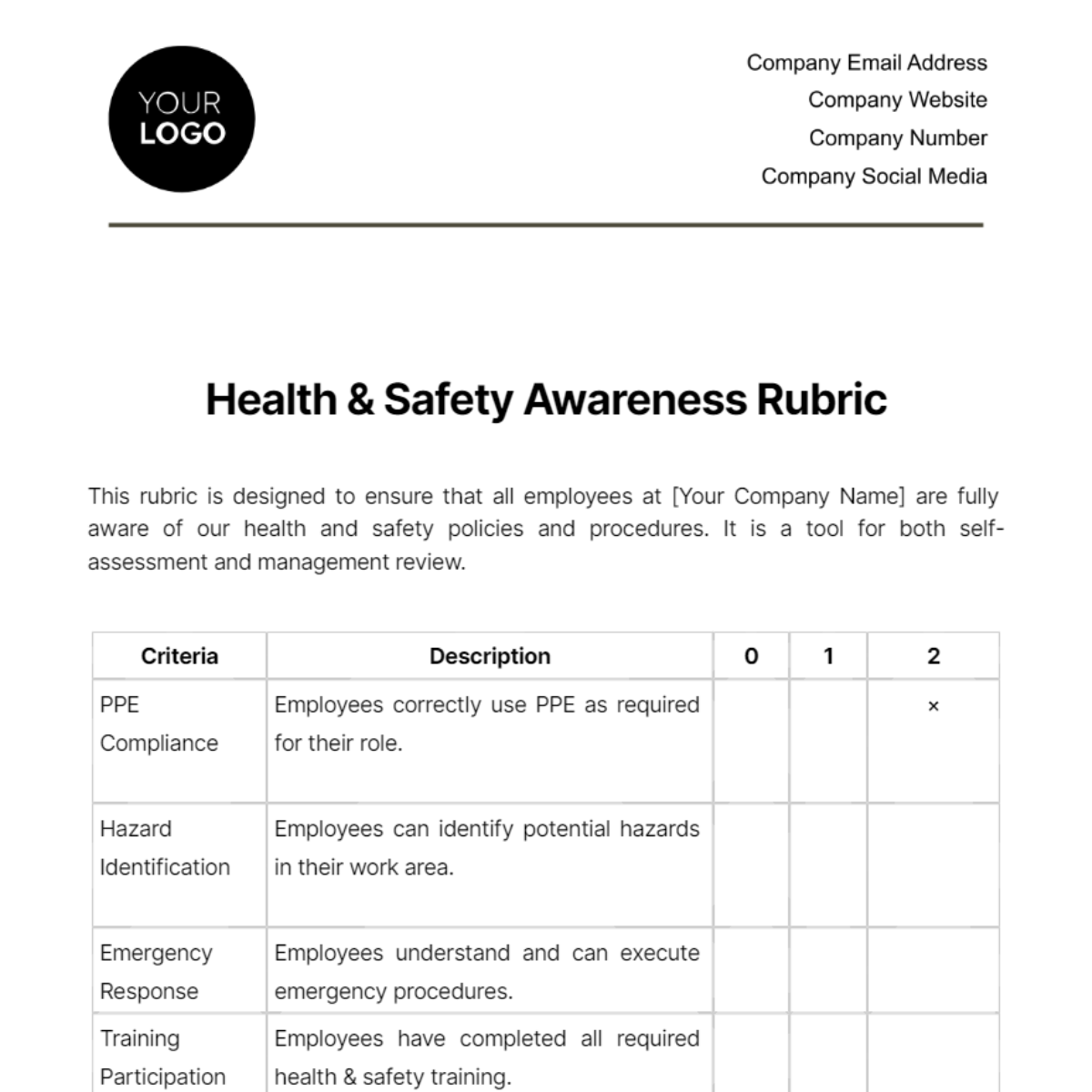Health & Safety Awareness Rubric Template - Edit Online & Download ...