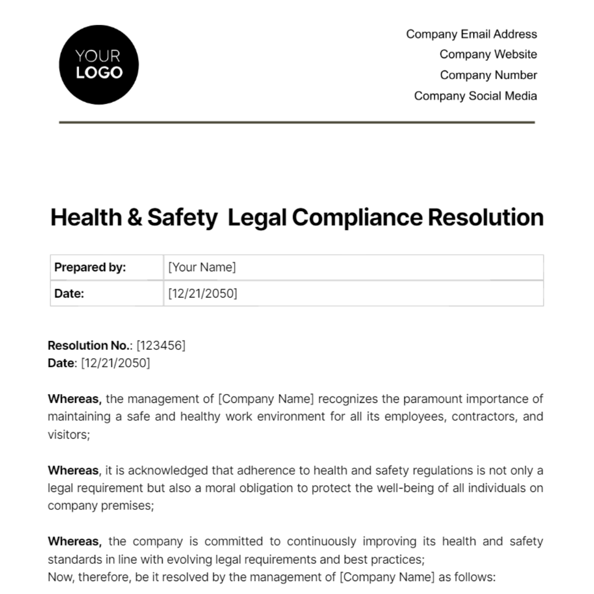 Health & Safety Legal Compliance Resolution Template - Edit Online ...