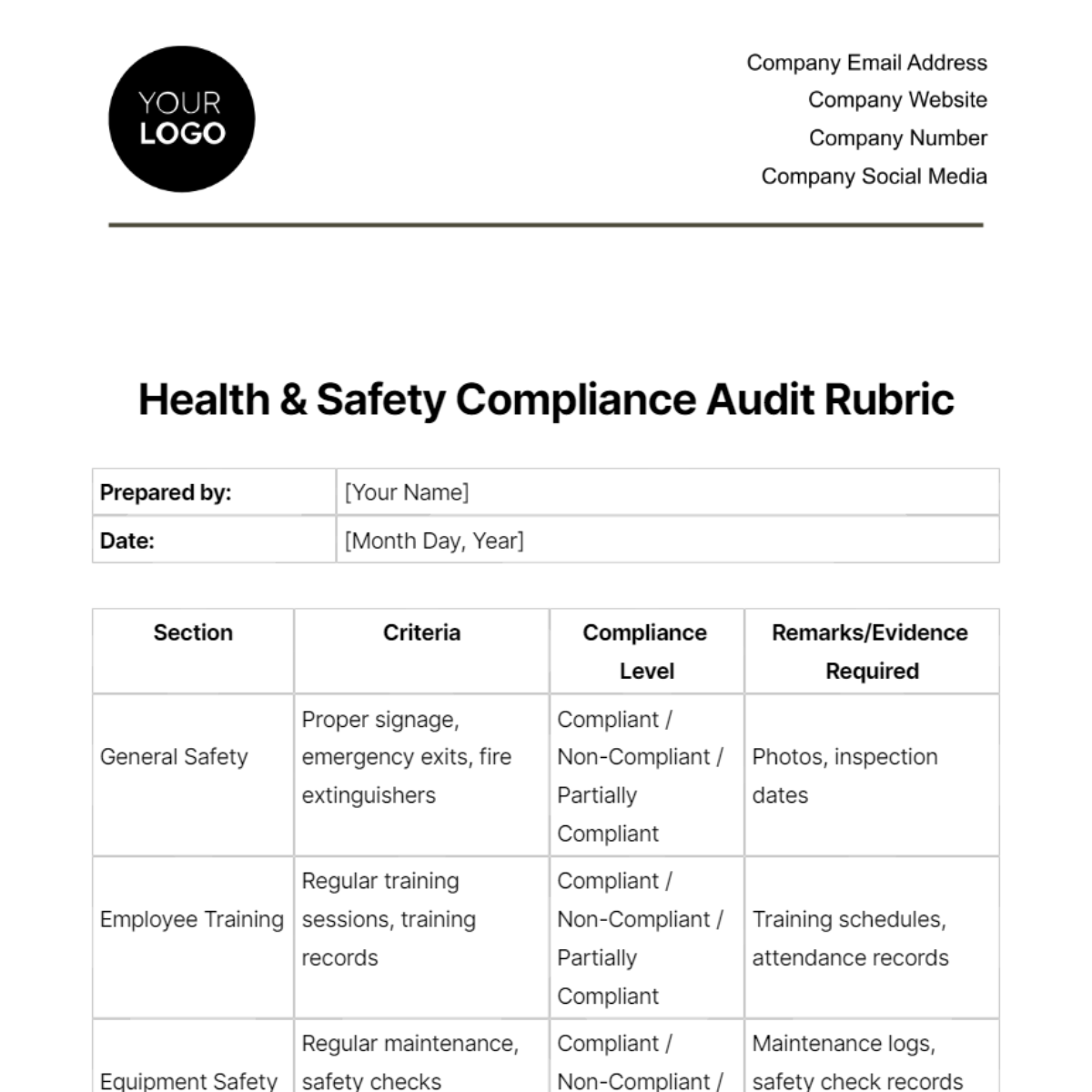 Health & Safety Compliance Audit Rubric Template - Edit Online ...