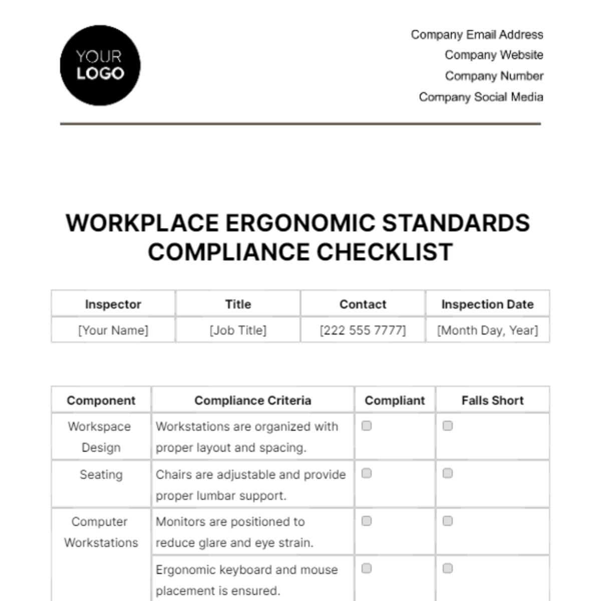 Workplace Ergonomic Standards Compliance Checklist Template - Edit ...