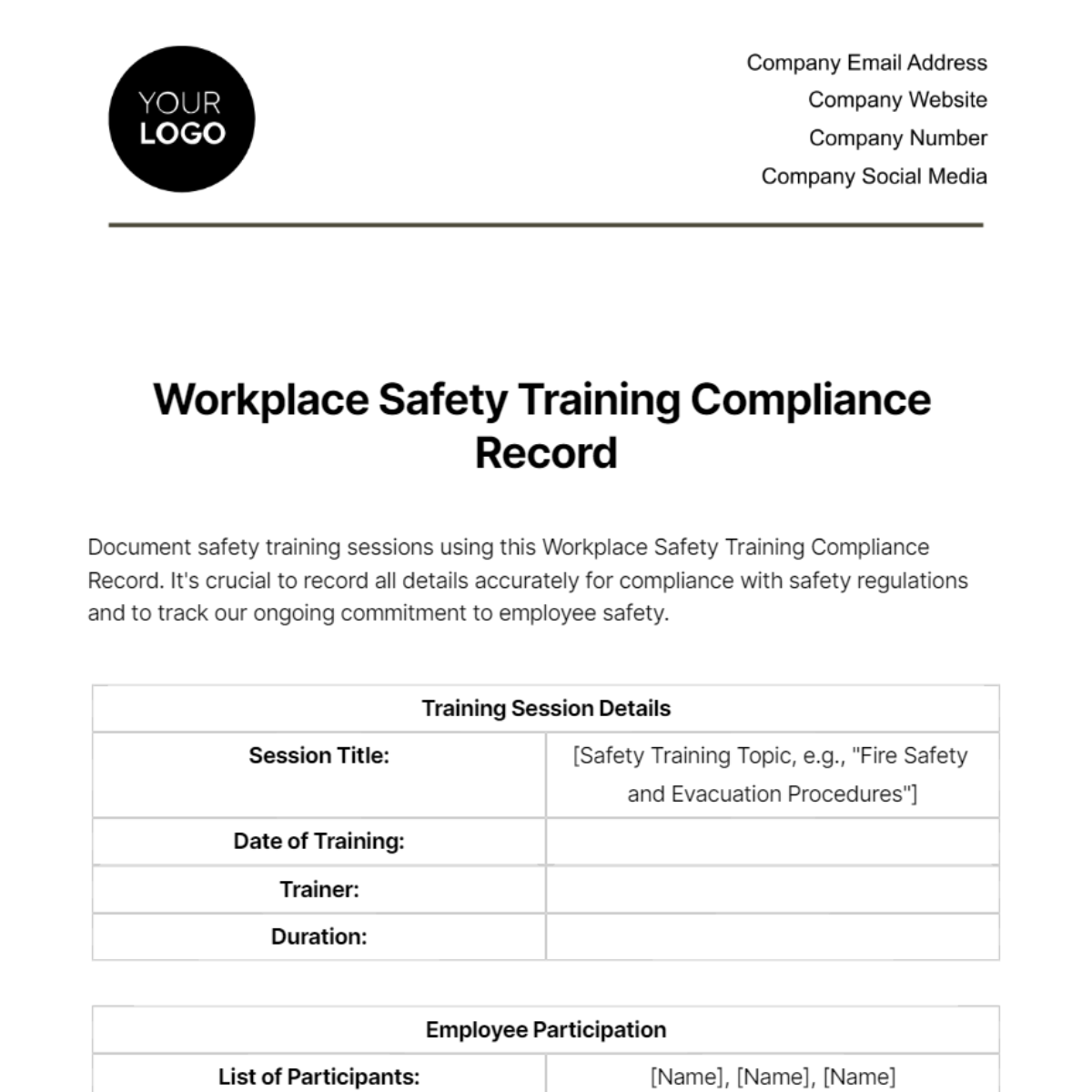 Workplace Safety Training Compliance Record Template - Edit Online ...