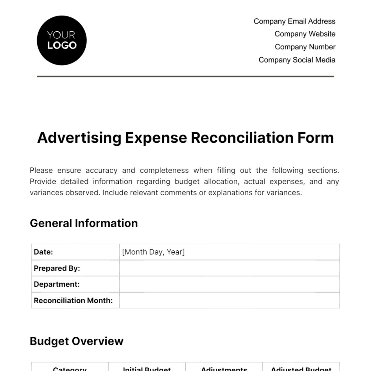 Advertising Expense Reconciliation Form Template - Edit Online ...