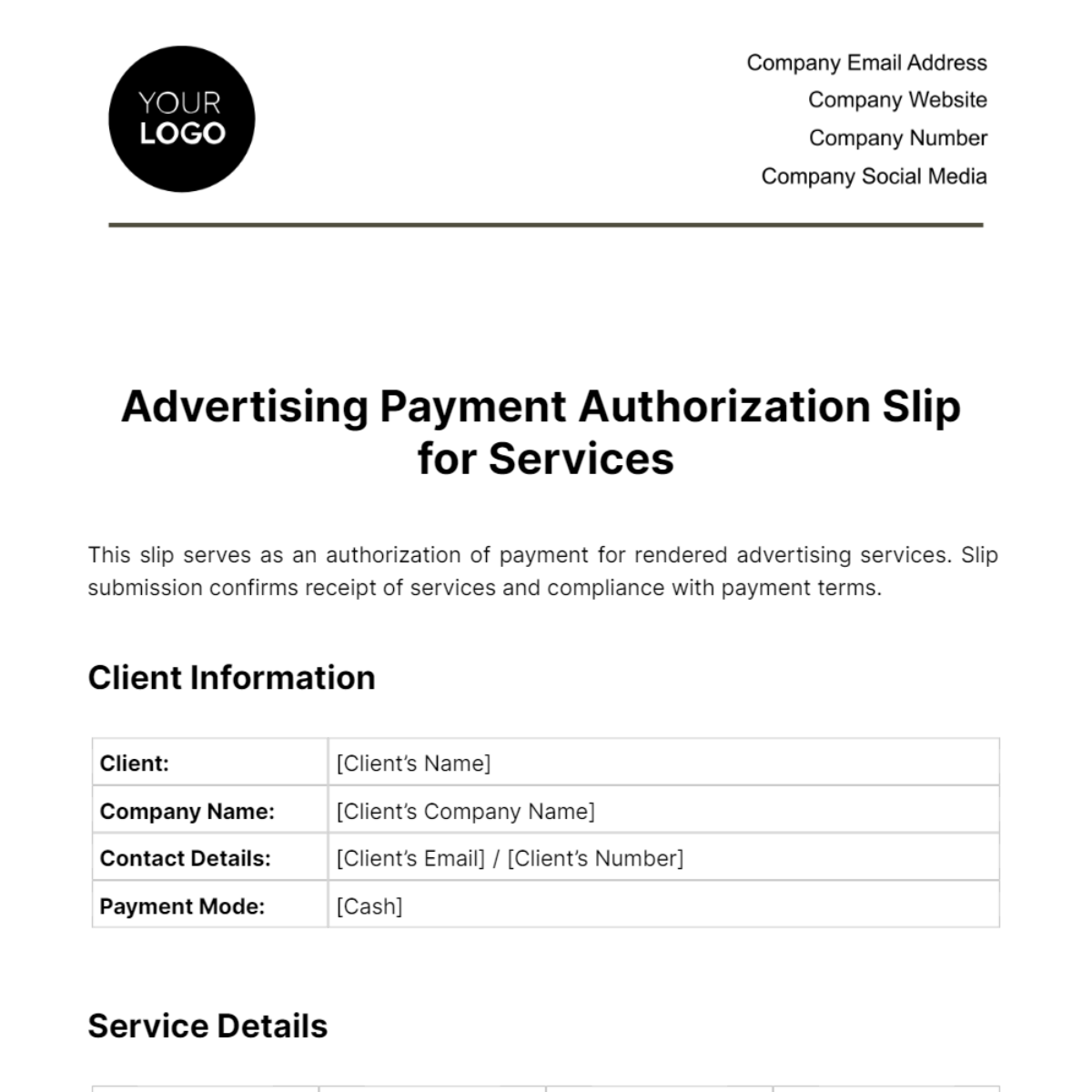 Advertising Payment Authorization Slip for Services Template - Edit ...