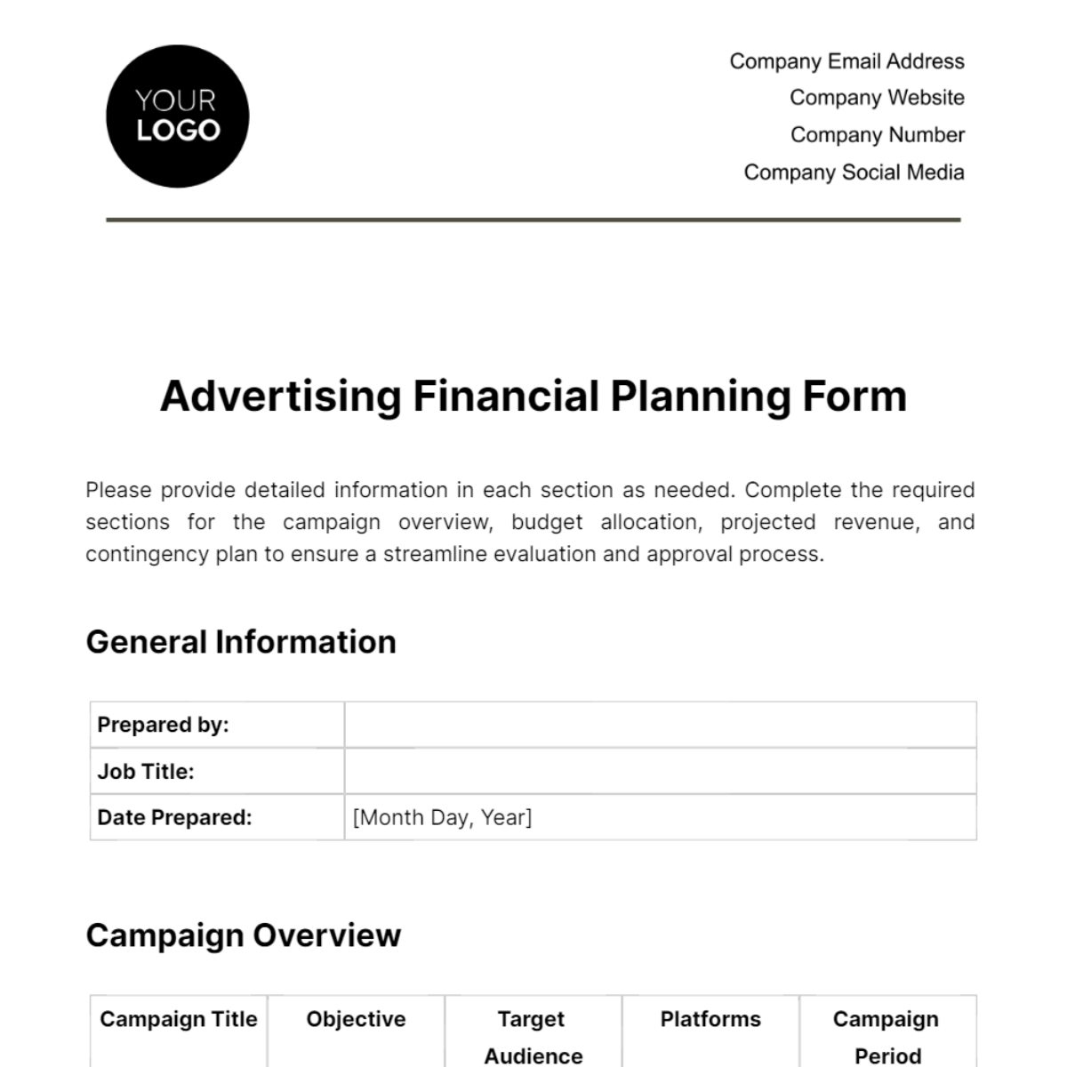 Advertising Financial Planning Form Template - Edit Online & Download ...