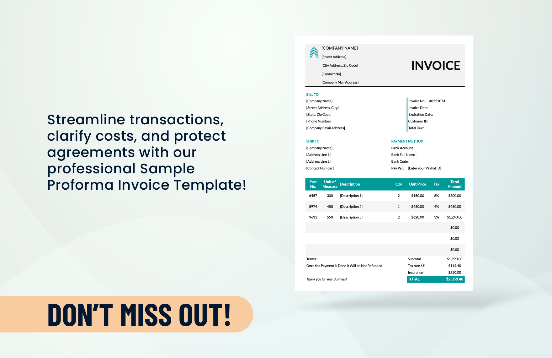 Sample Proforma Invoice Template in GDocsLink, Google Sheets, MS Excel ...