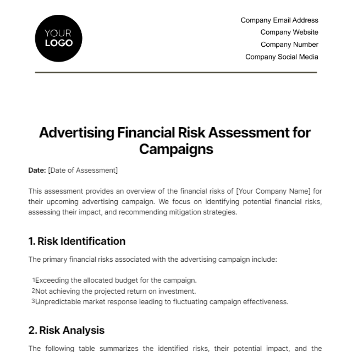 Advertising Financial Risk Assessment for Campaigns Template - Edit ...