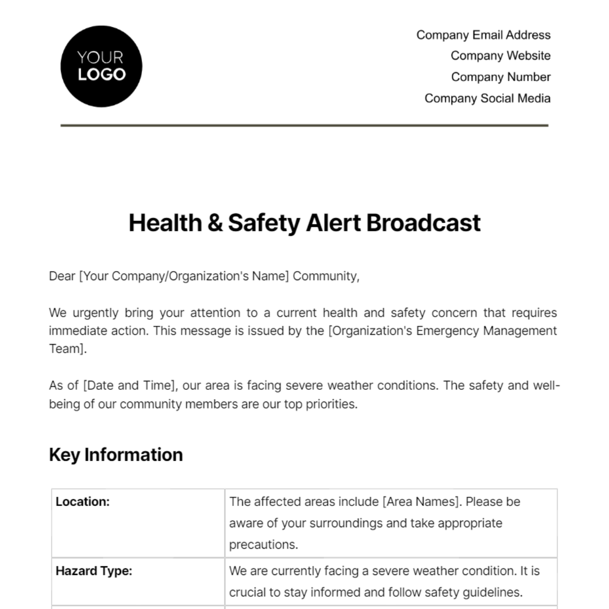 Health & Safety Alert Broadcast Template - Edit Online & Download ...