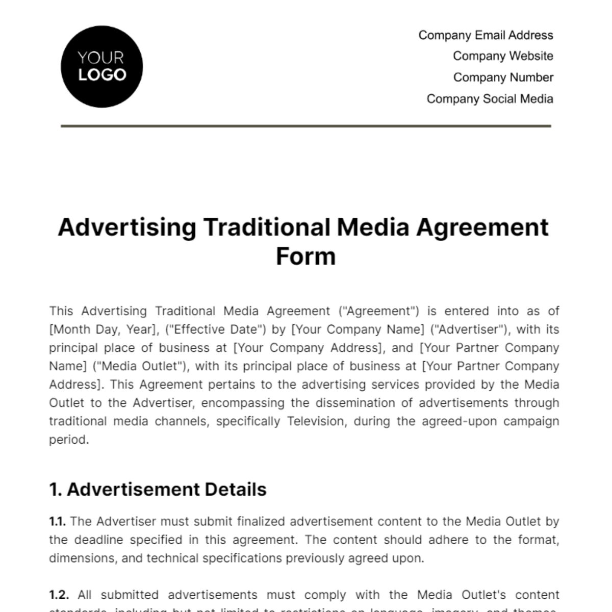 Advertising Traditional Media Agreement Form Template - Edit Online ...