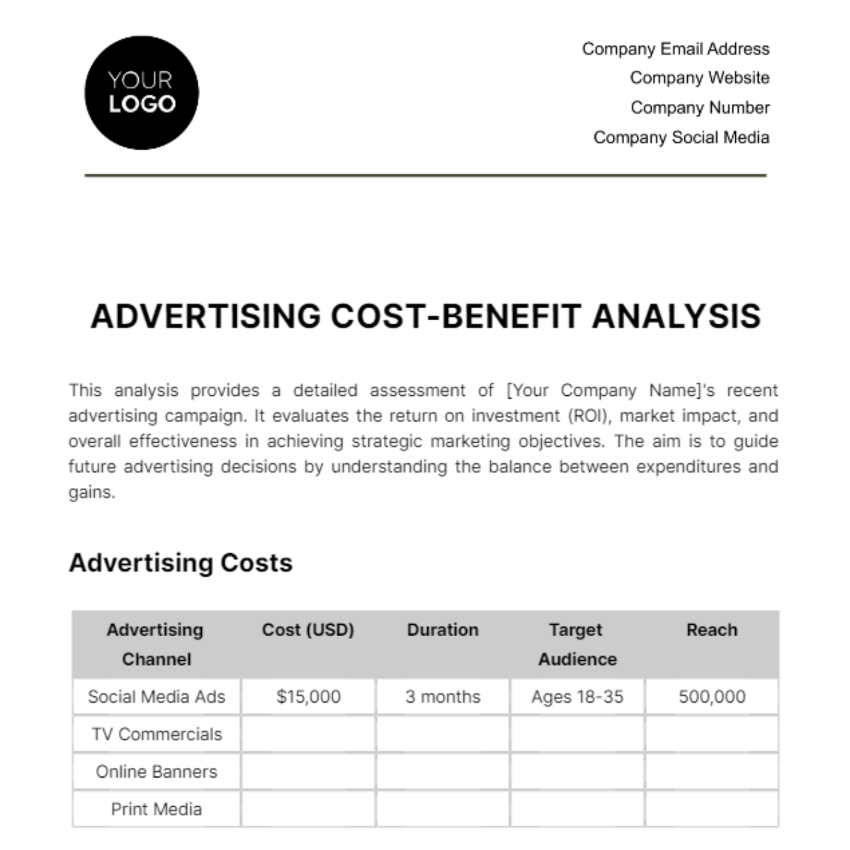 Advertising Cost-Benefit Analysis Template - Edit Online & Download ...