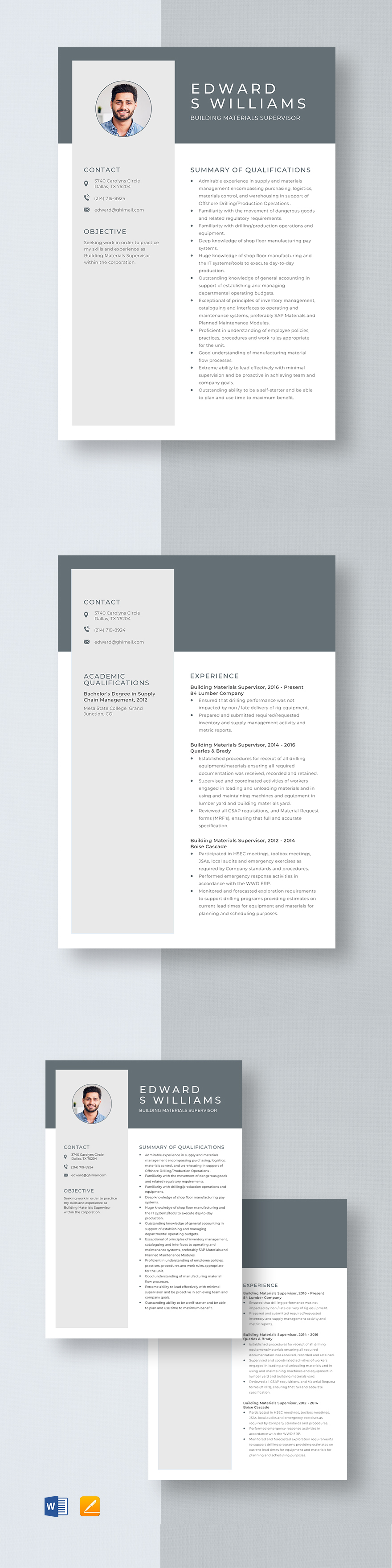 Free Building Materials Supervisor Resume Template - Word, Apple Pages ...