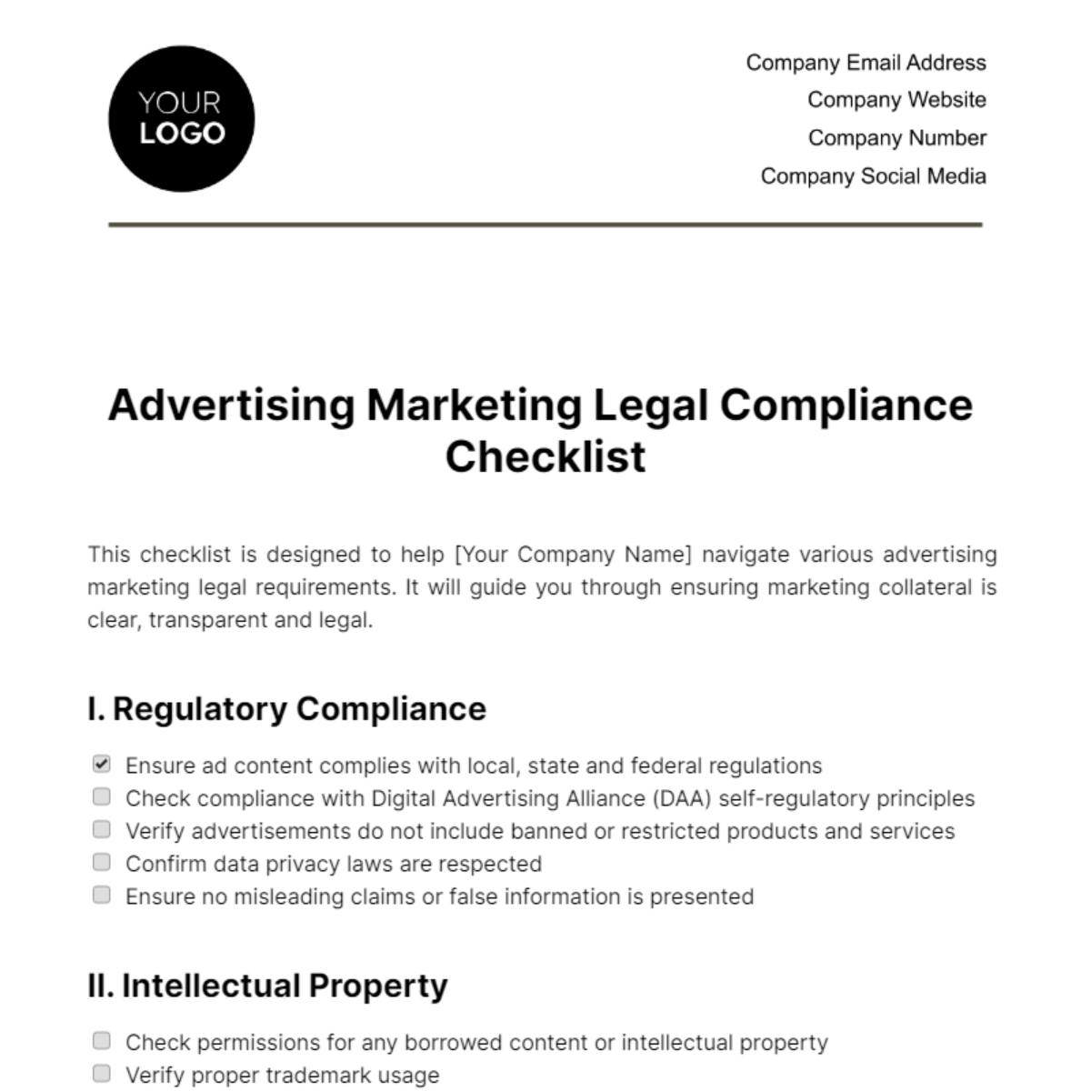 Advertising Marketing Legal Compliance Checklist Template - Edit Online ...
