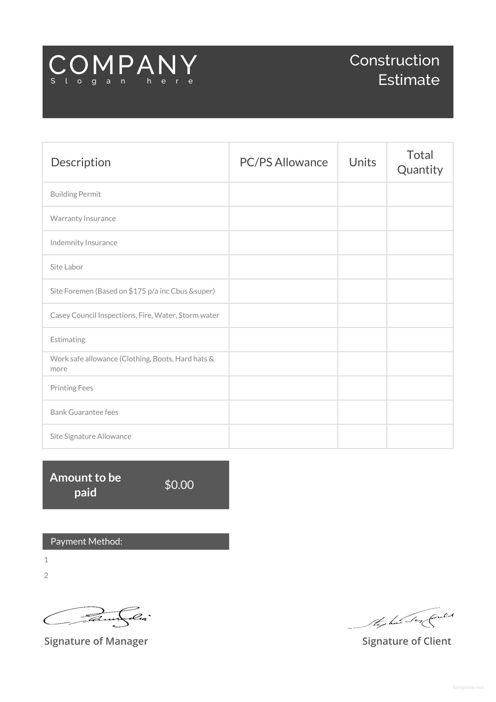 Construction Estimate Template In Microsoft Word Excel Template