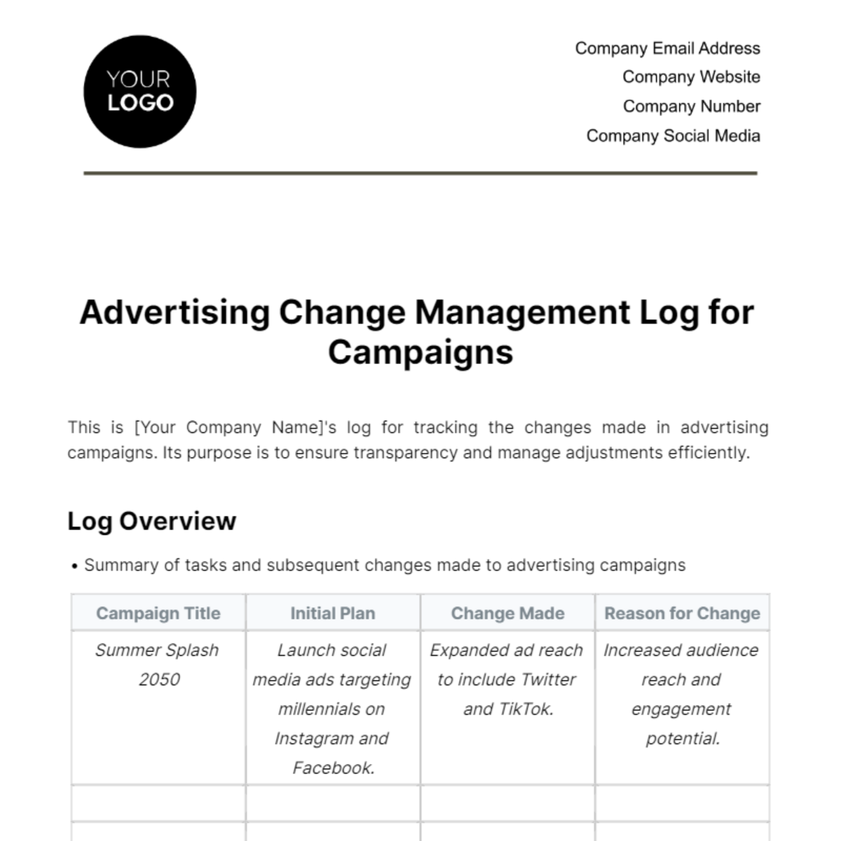 Advertising Change Management Log for Campaigns Template - Edit Online ...