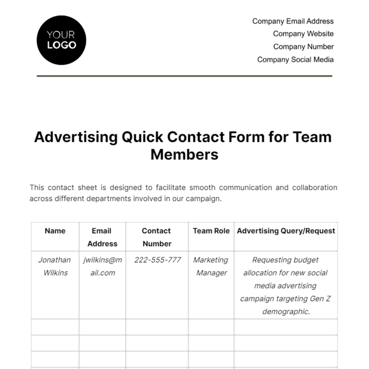 Advertising Quick Contact Form for Team Members Template - Edit Online ...