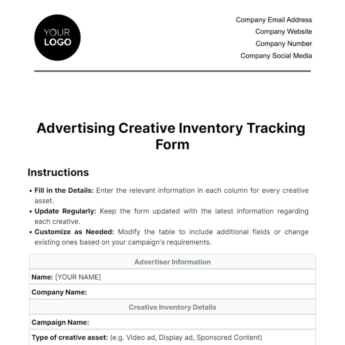 Advertising Creative Inventory Tracking Form Template - Edit Online ...