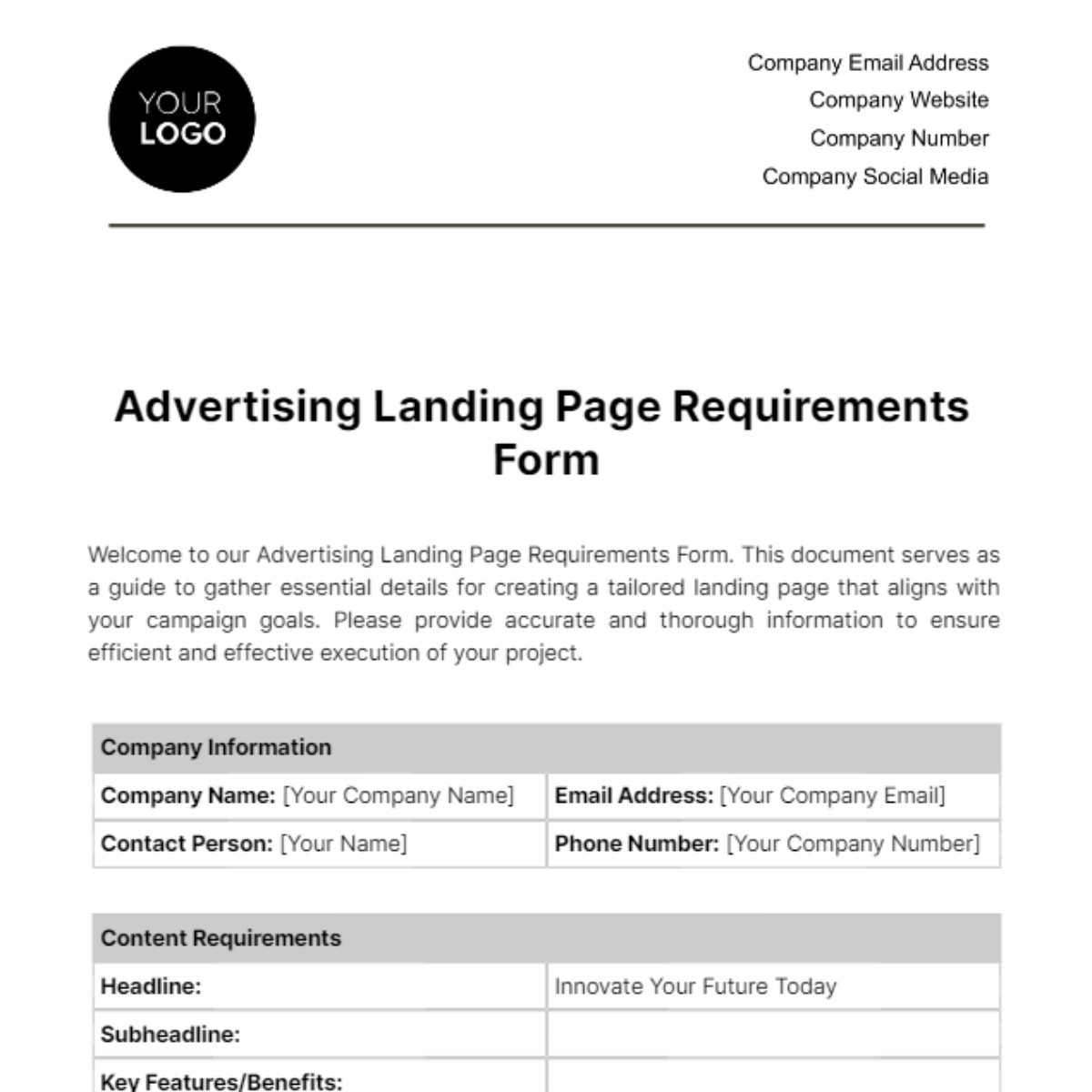 Advertising Landing Page Requirements Form Template - Edit Online ...