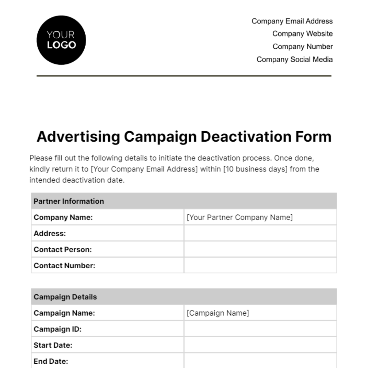 Advertising Campaign Deactivation Form Template - Edit Online ...