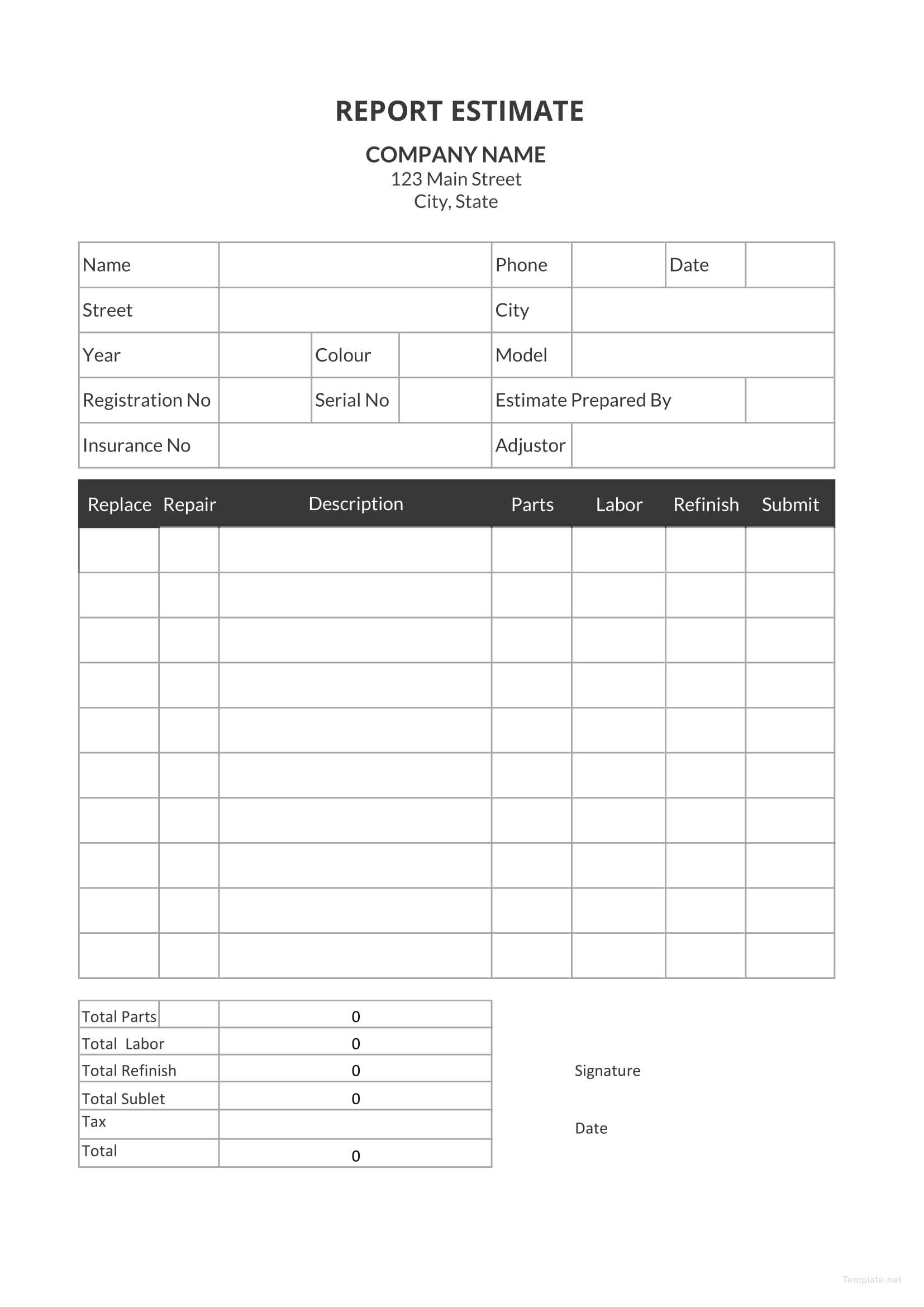 Printable Home Repair Estimate Template