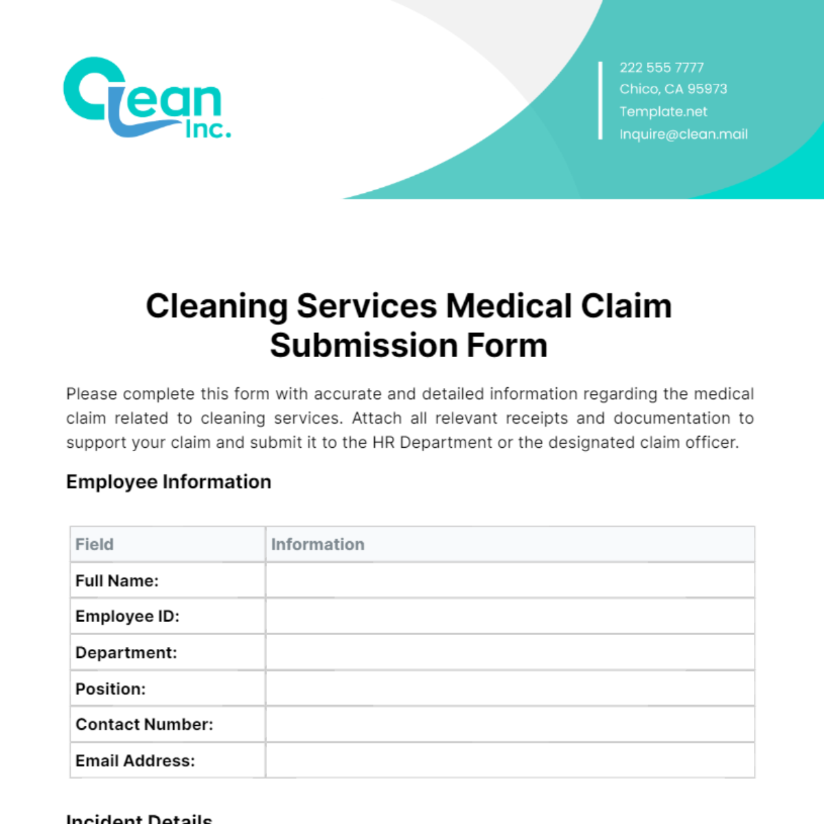 Cleaning Services Employee Emergency Contact Form Template - Edit ...