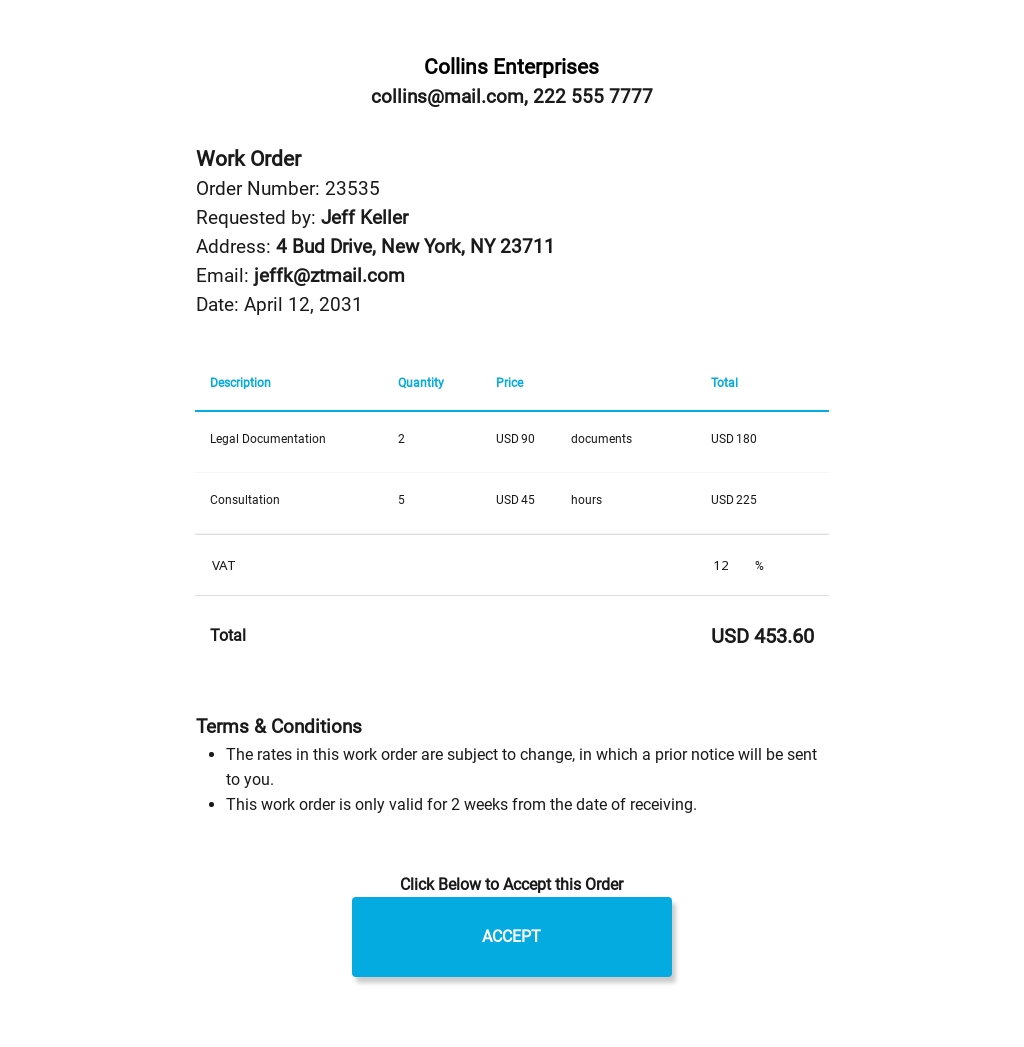 FREE Work Order Format Template - PDF | Word (DOC) | Excel | Apple (MAC ...