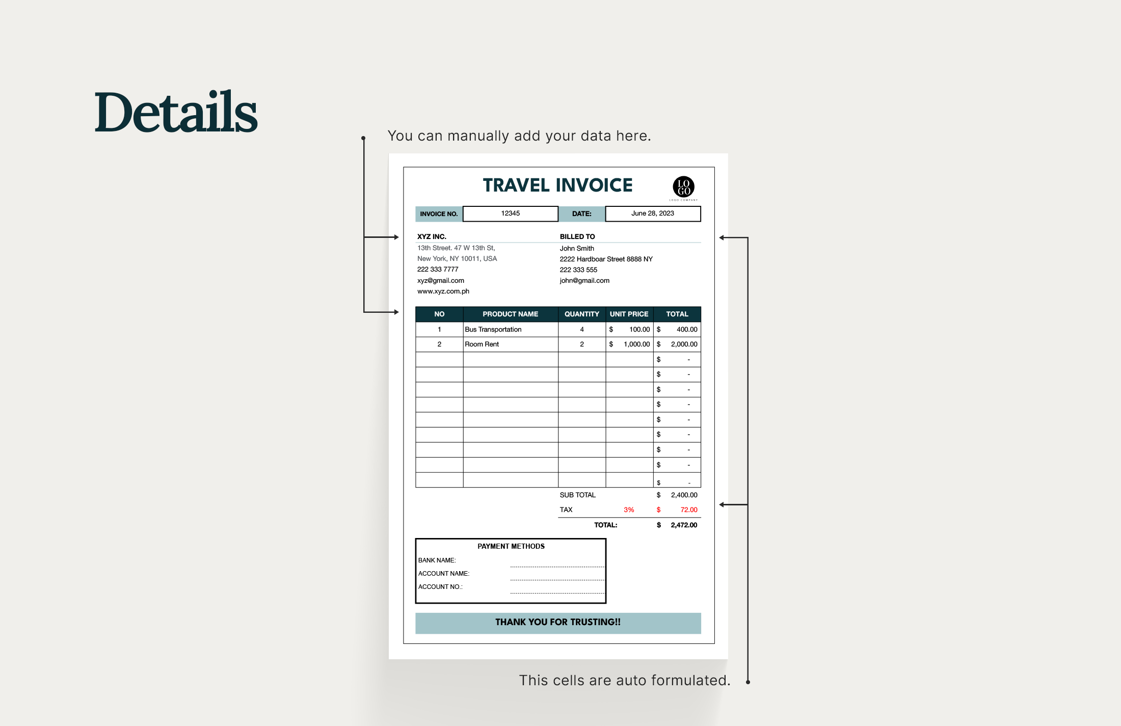 Travel Invoice Template - Download in Word, Google Docs, Excel, PDF ...
