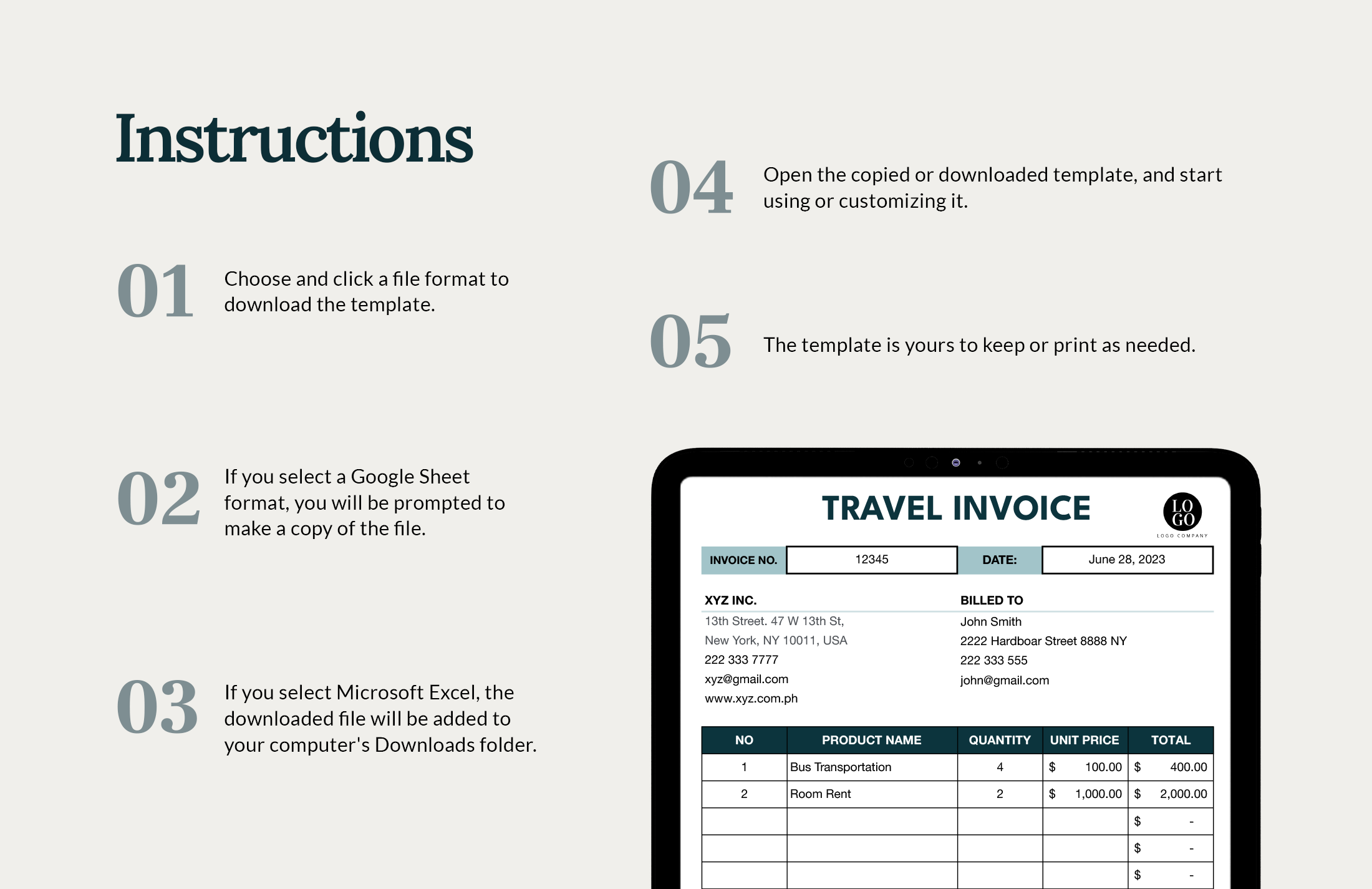 Travel Invoice Template - Download in Word, Google Docs, Excel, PDF ...