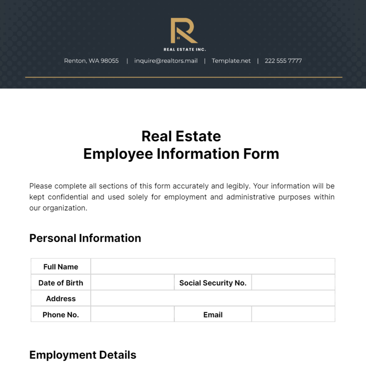Real Estate Employee Information Form Template - Edit Online & Download ...