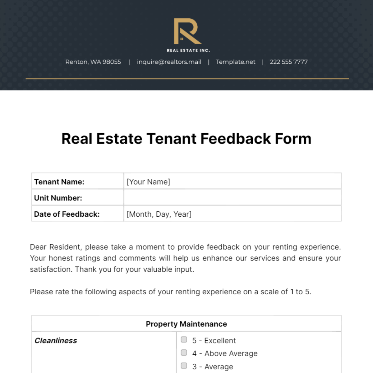 Real Estate Tenant Feedback Form Template - Edit Online & Download ...