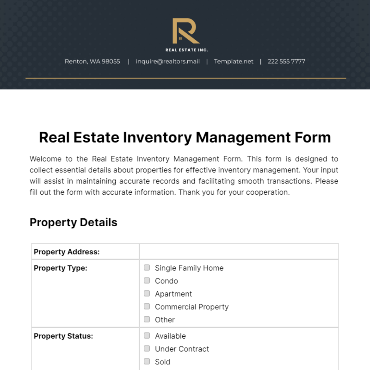 Real Estate Inventory Management Form Template - Edit Online & Download ...