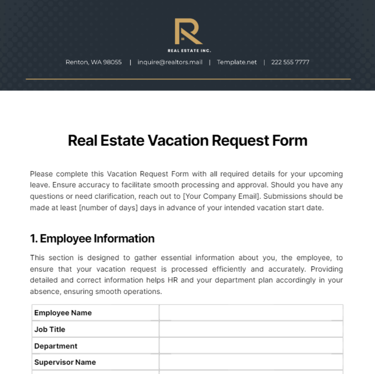 Real Estate Vacation Request Form Template - Edit Online & Download ...